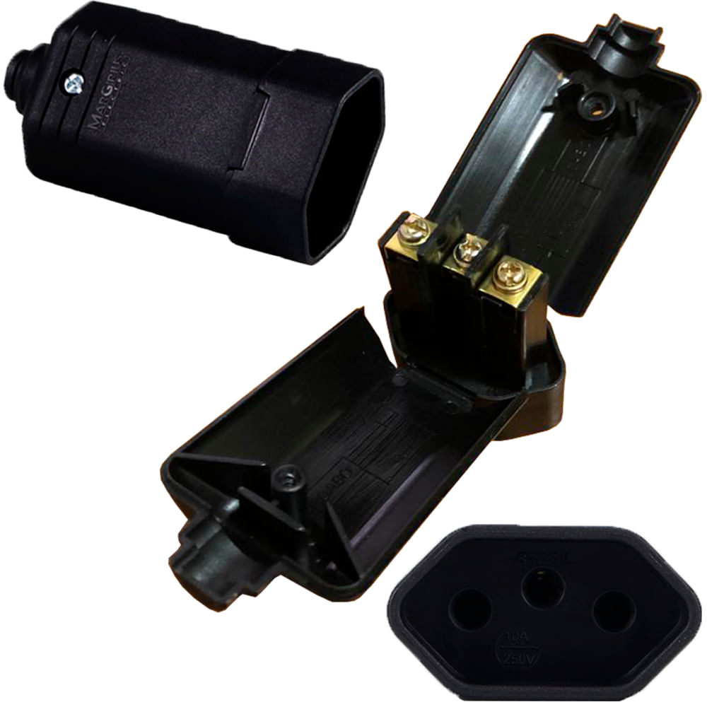 125 Plug Plugue Macho 2 Pinos + 125 Tomada Femea 3 Pinos 180 Graus ...